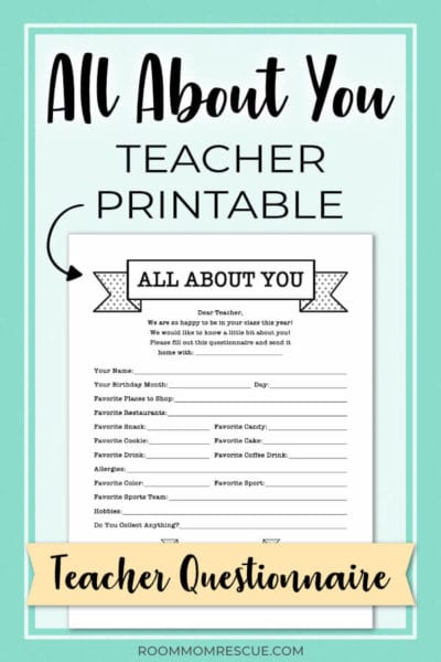 All About You: Male Teacher Gift Questionnaire | Room Mom Rescue